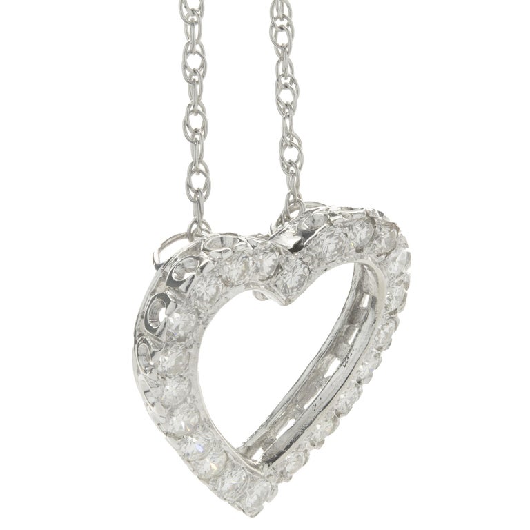 14 Karat White Gold Diamond Open Heart Necklace For Sale at 1stDibs