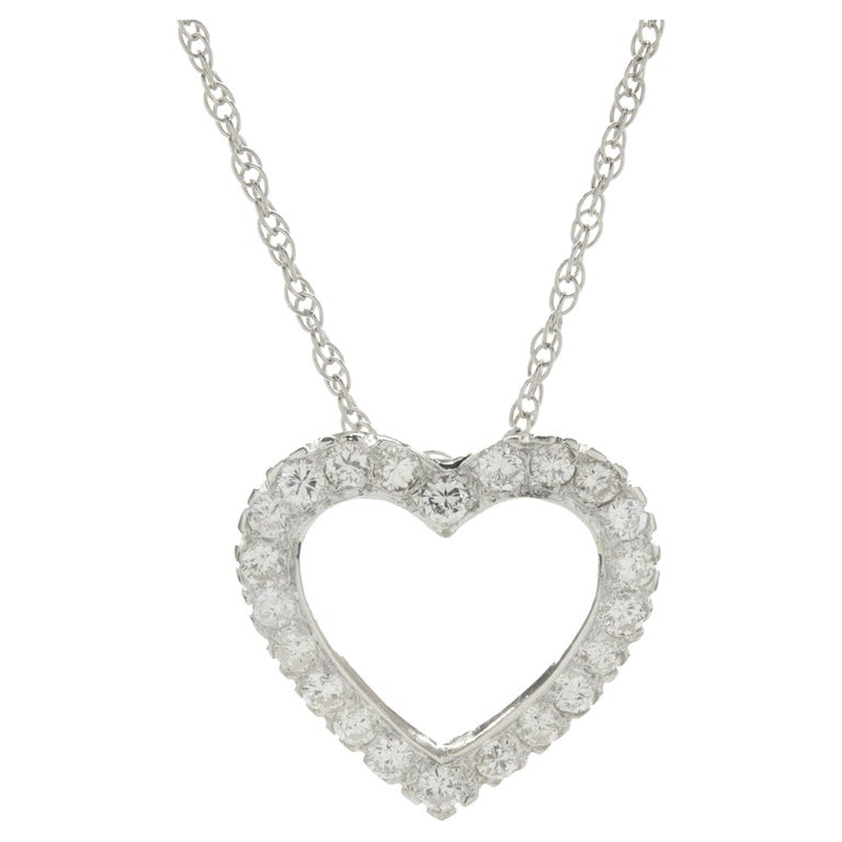 14 Karat White Gold Diamond Open Heart Necklace For Sale at 1stDibs
