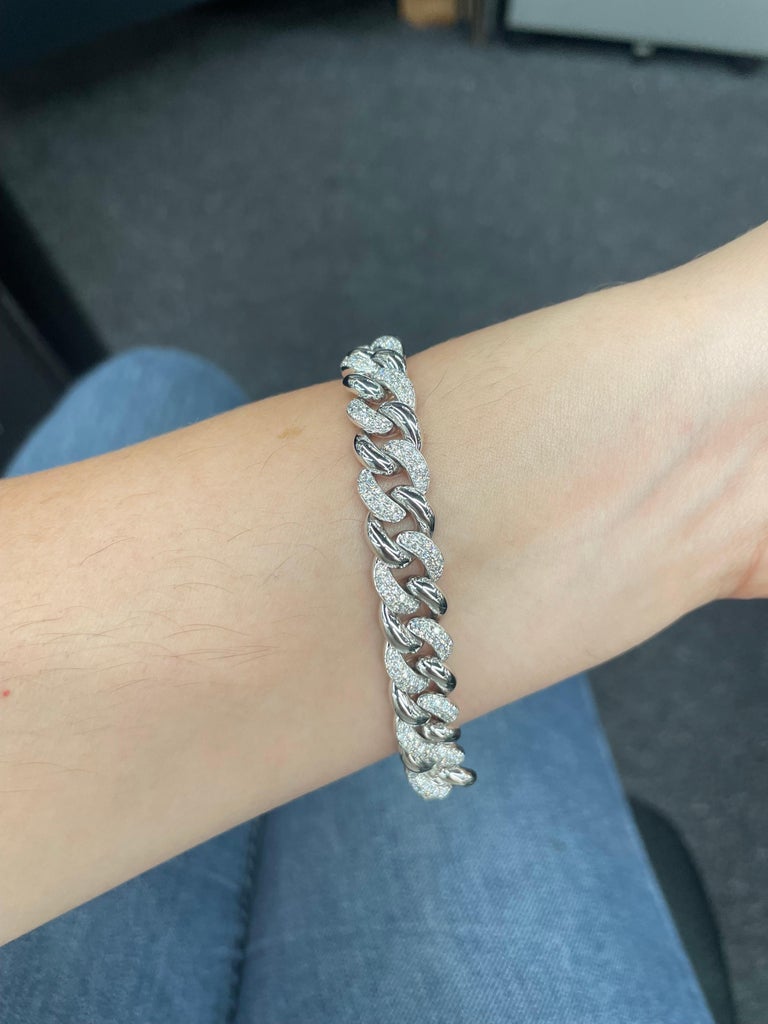 14 Karat White Gold Diamond and Polished Cuban Link Bracelet 4.07 ...