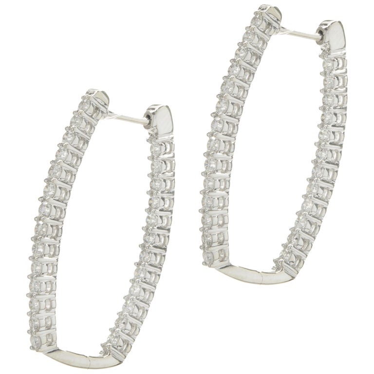 14 Karat White Gold Diamond Rectangular Hoop Earrings For Sale at 1stDibs