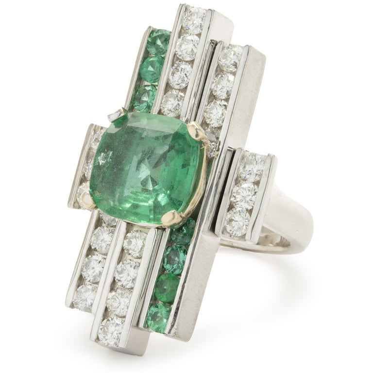 14 Karat White Gold Emerald and Diamond Elongated Step Ring For Sale at ...