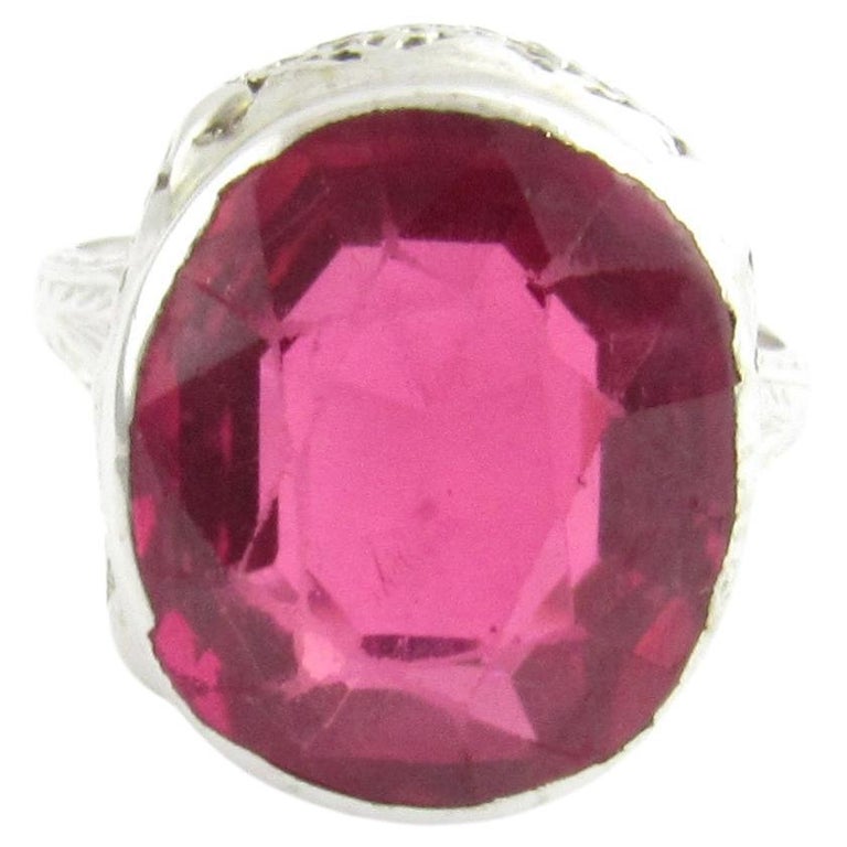 14 Karat White Gold Filigree and Simulated Ruby Ring For Sale at 1stDibs