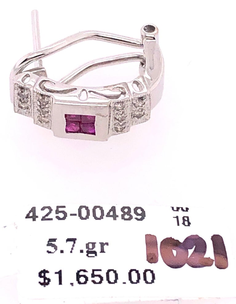 14 Karat White Gold French Back Half Hoop Ruby and Diamond Earrings For ...