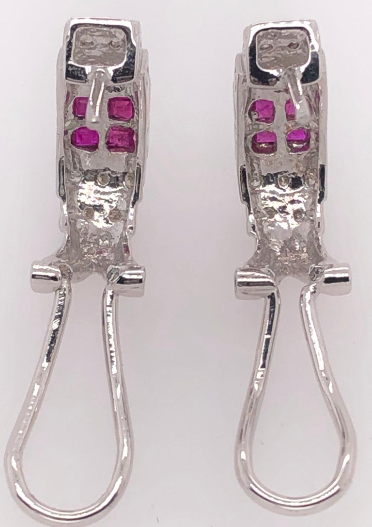 14 Karat White Gold French Back Half Hoop Ruby and Diamond Earrings For ...