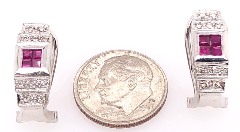 14 Karat White Gold French Back Half Hoop Ruby and Diamond Earrings For ...