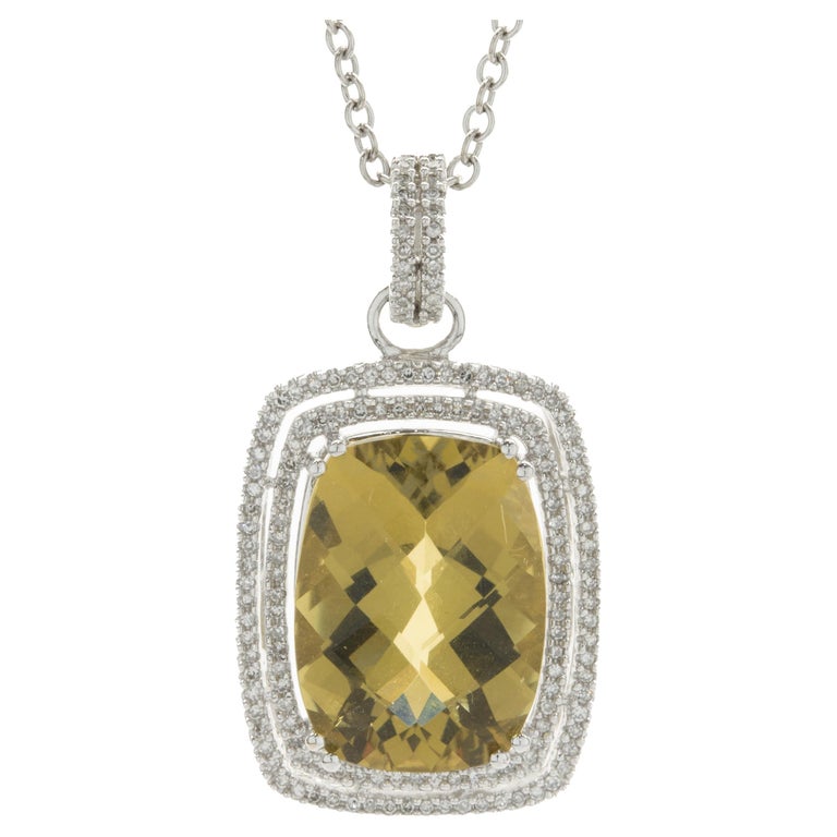 14 Karat White Gold Lemon Quartz and Diamond Pendant For Sale at 1stDibs