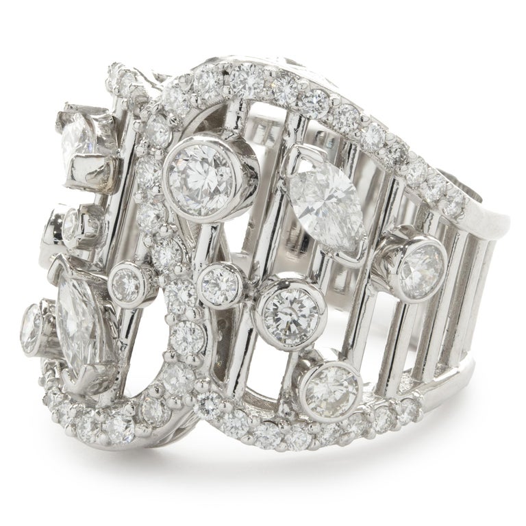 14 Karat White Gold Multi Shape Diamond Open Bar Ring For Sale at 1stDibs