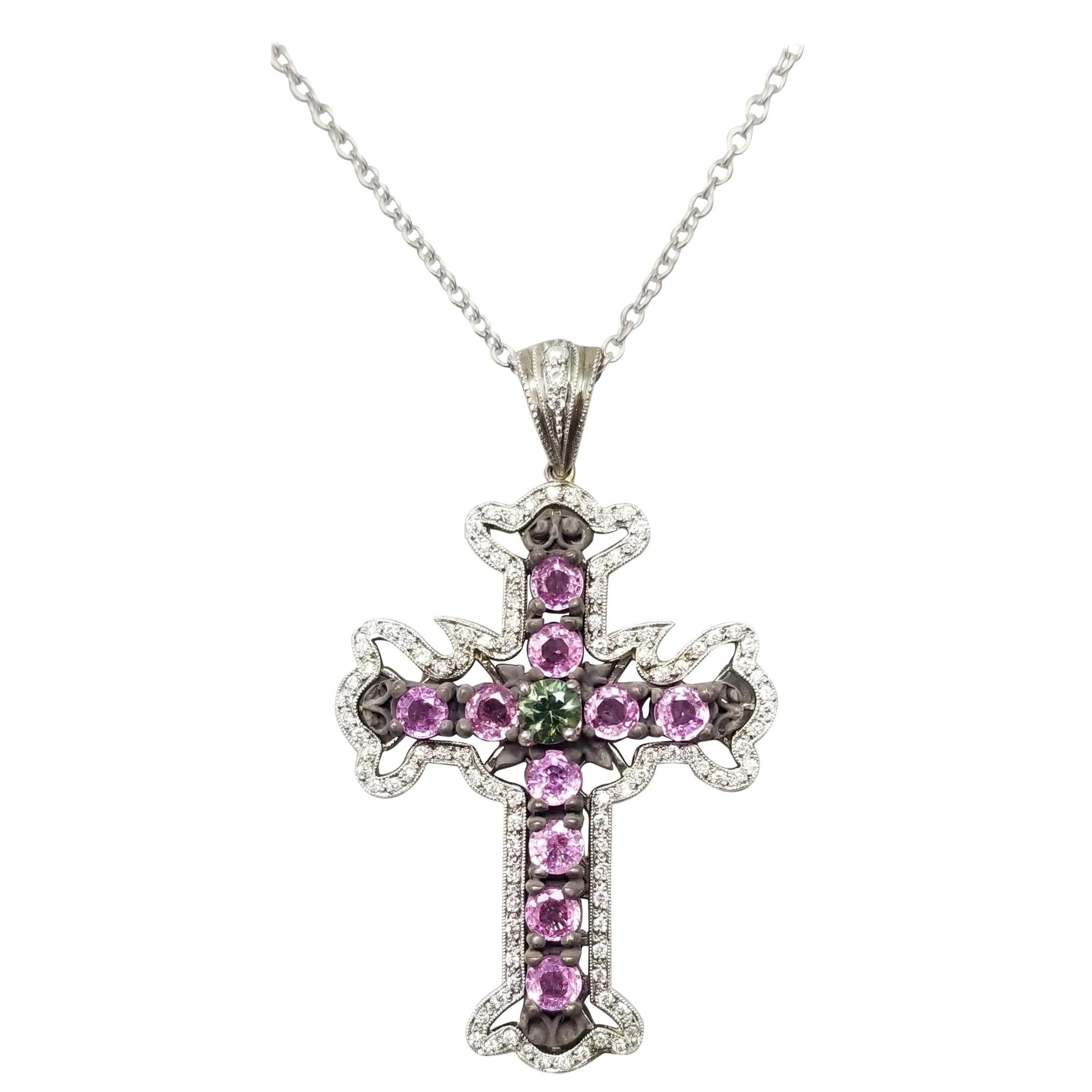 14 Karat White Gold Multicolored and Diamond Cross at 1stDibs