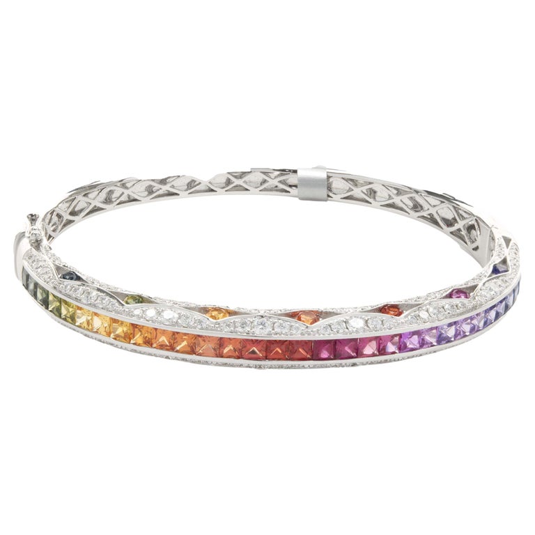 14 Karat White Gold Pave Diamond and Rainbow Sapphire Cut Out Bangle Bracelet at 1stDibs