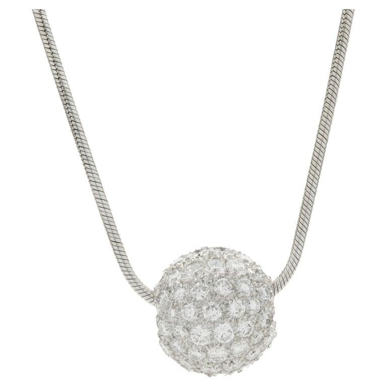 14 Karat White Gold Pave Diamond Ball Necklace For Sale at 1stDibs