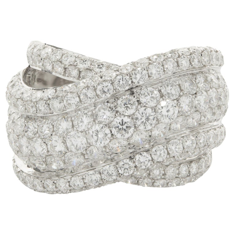 14 Karat White Gold Pave Diamond Crossover Ring For Sale at 1stDibs