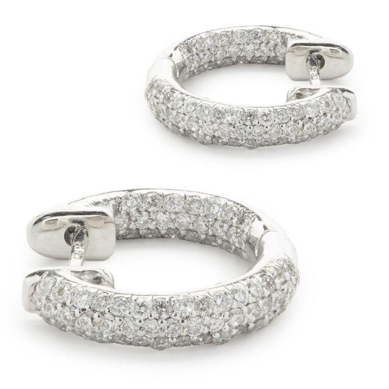 14 Karat White Gold Pave Diamond Inside Outside Huggie Hoop Earrings ...