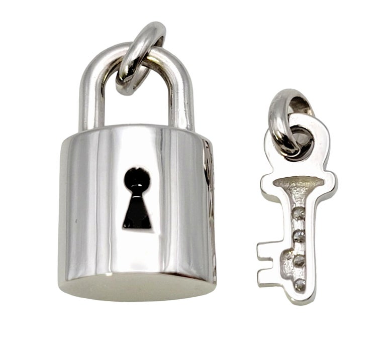 14 Karat White Gold Pave Diamond Padlock and Key Charm / Pendant Set 1. ...