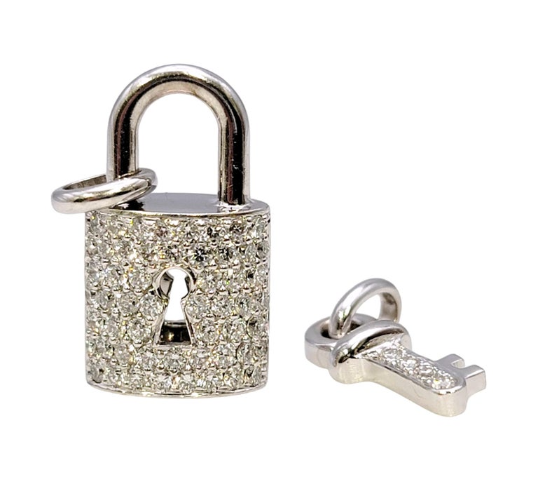 14 Karat White Gold Pave Diamond Padlock and Key Charm / Pendant Set 1.00 Carats For Sale at 1stDibs