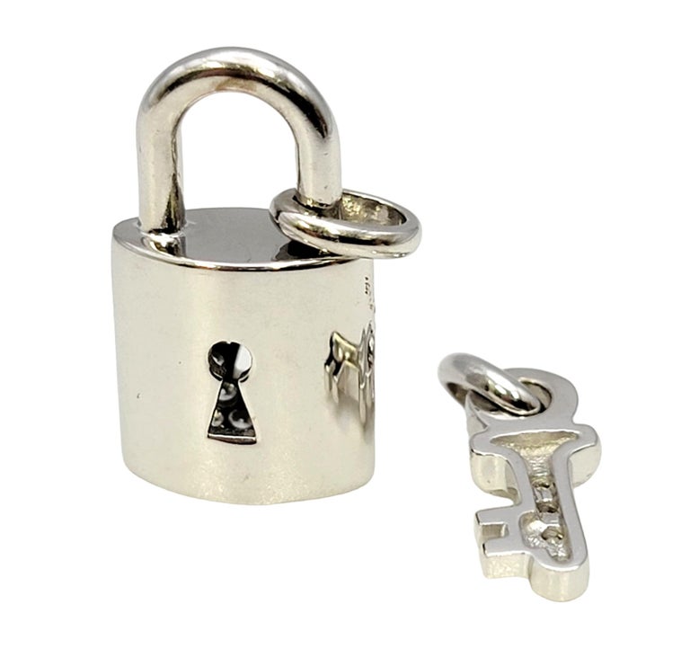 14 Karat White Gold Pave Diamond Padlock and Key Charm / Pendant Set 1. ...