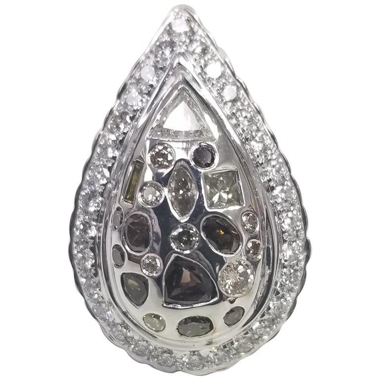 14 Karat White Gold Pear Shape Setting with Natural Brown and White ...