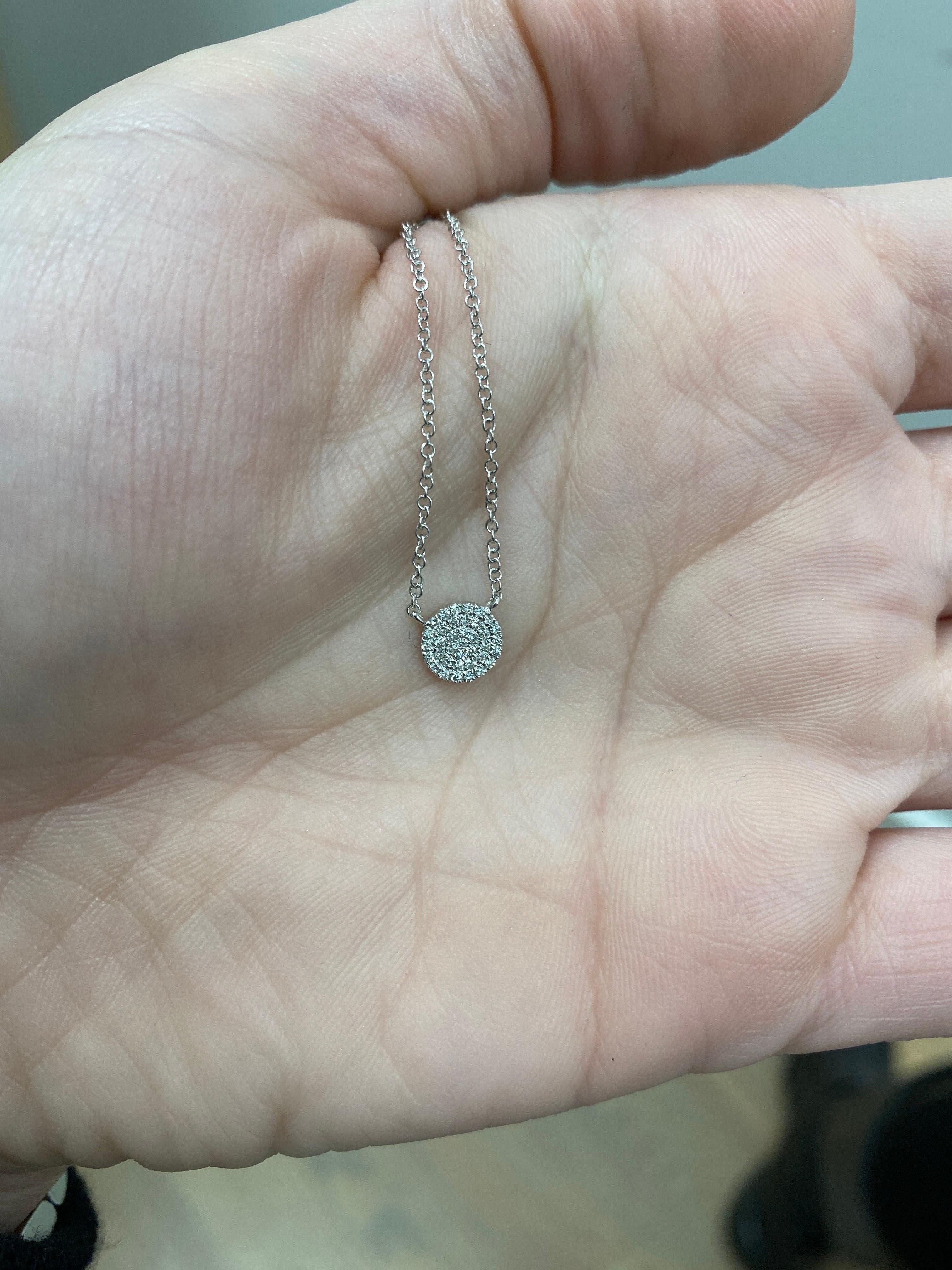 14 Karat White Gold Petite Pave Diamond Disc Necklace For Sale at 1stDibs