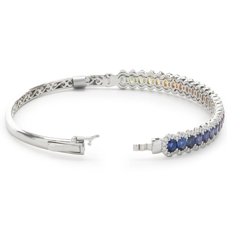 14 Karat White Gold Rainbow Sapphire and Diamond Bangle Bracelet For ...