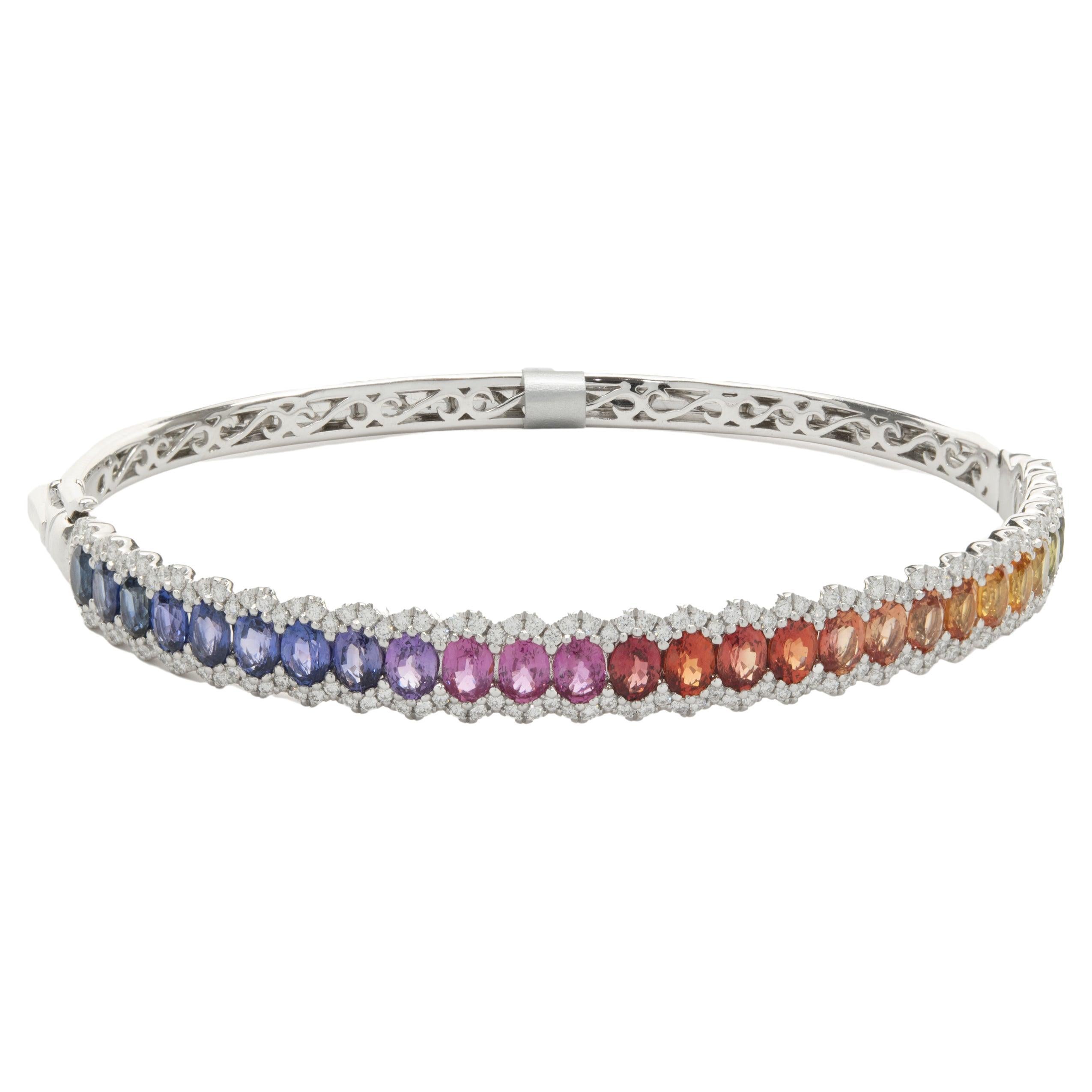 14 Karat White Gold Pave Diamond and Rainbow Sapphire Cut Out Bangle ...
