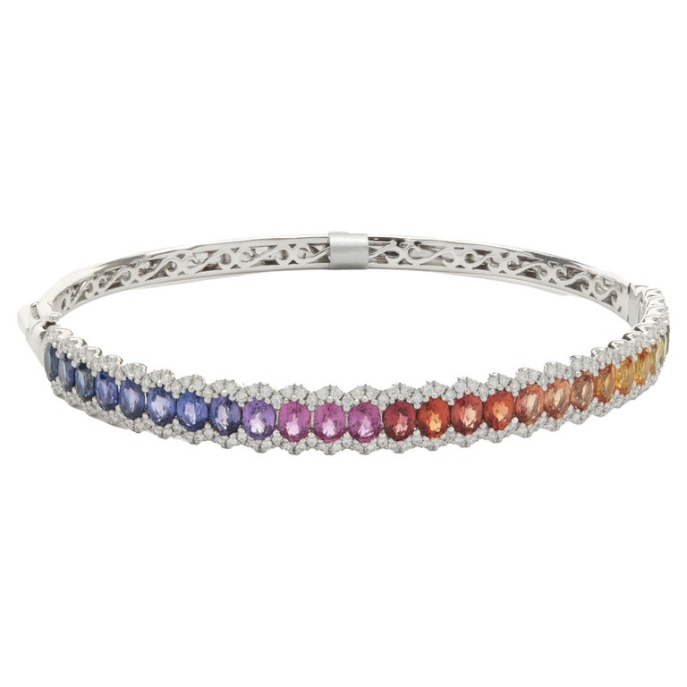 14 Karat White Gold Rainbow Sapphire and Diamond Bangle Bracelet For Sale at 1stDibs