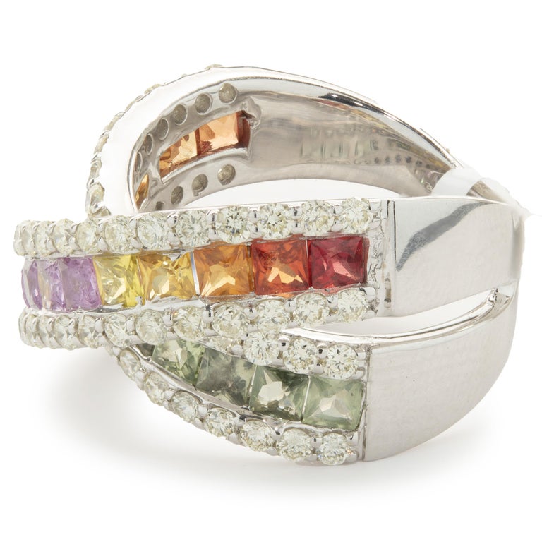14 Karat White Gold Rainbow Sapphire and Diamond Crossover Ring For ...
