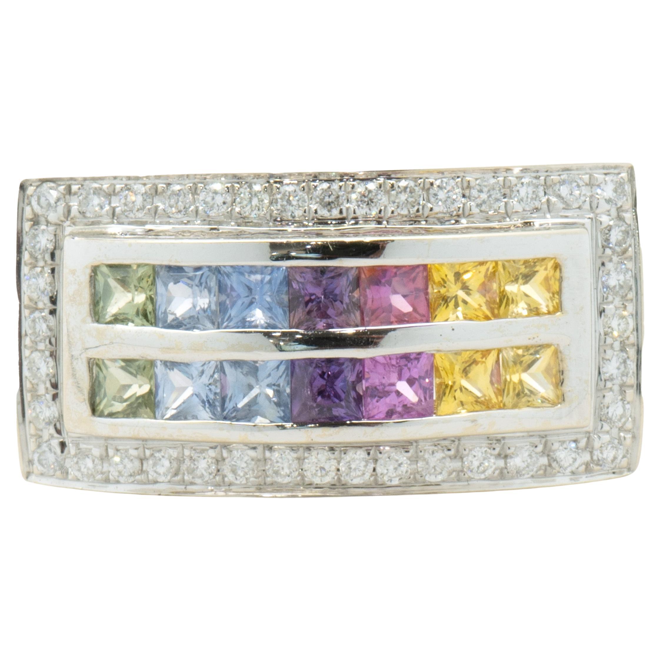 14 Karat White Gold Rainbow Sapphire and Diamond Double Row Ring For ...