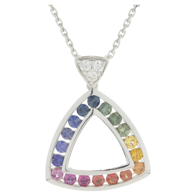14 Karat White Gold Rainbow Sapphire and Diamond Open Triangle Drop ...