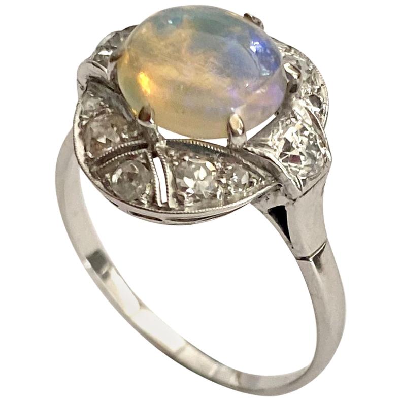 14 Karat White Gold Ring, Set with Opal and 12 Diamonds, Dutch 1950 at ...