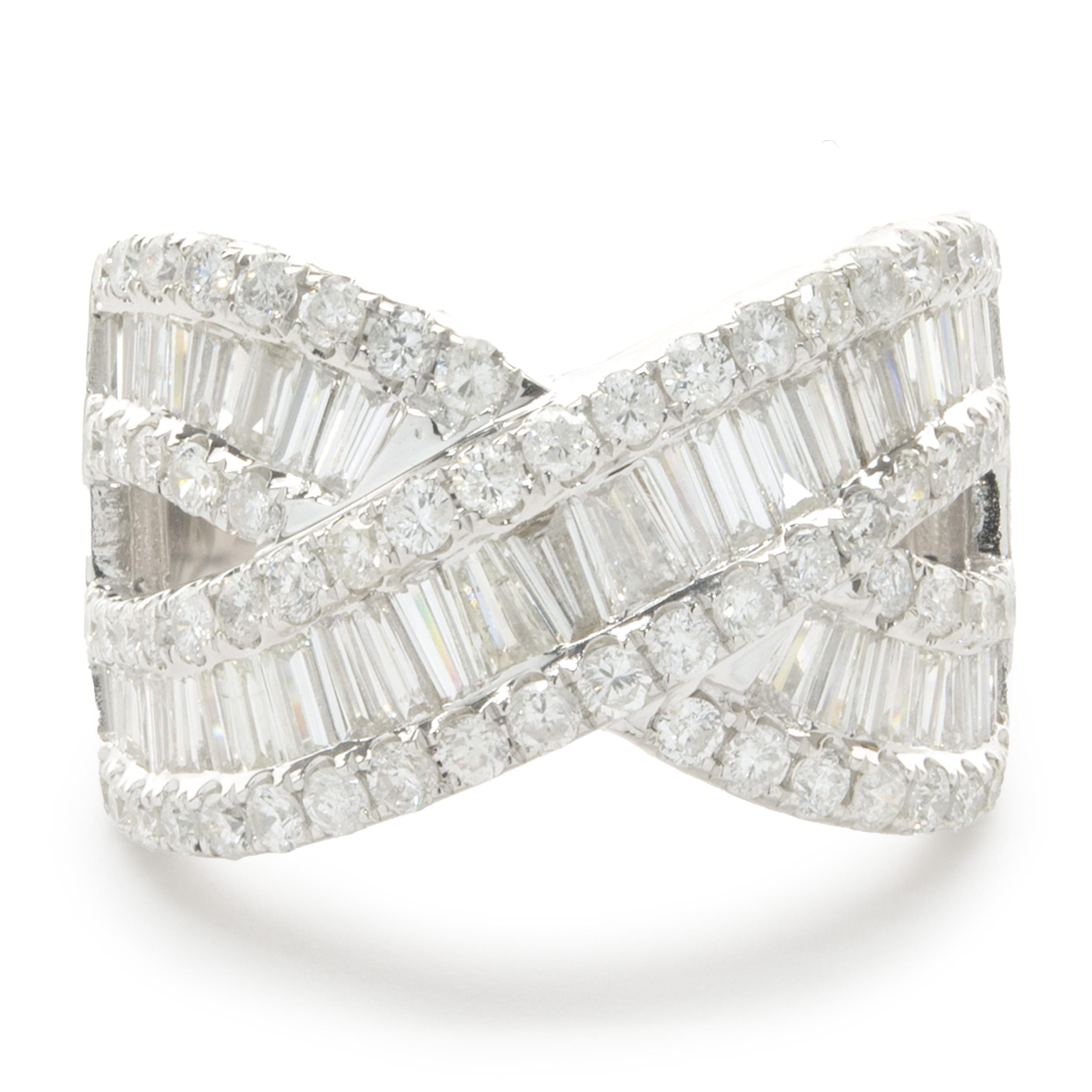 14 Karat White Gold Round and Baguette Cut Diamond Crossover Band at ...