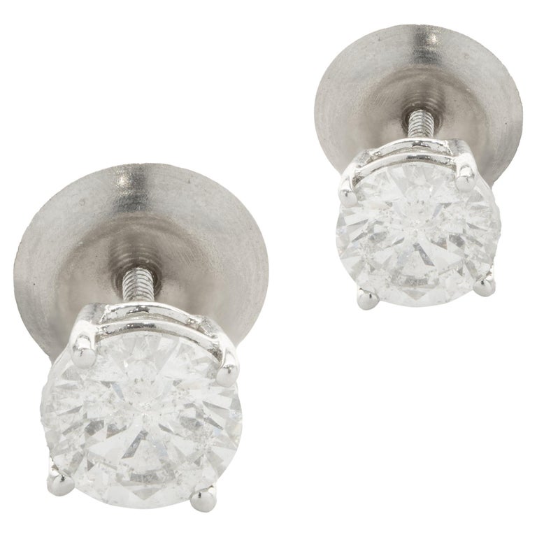 14 Karat White Gold Round Brilliant Cut Diamond Stud Earrings at 1stDibs
