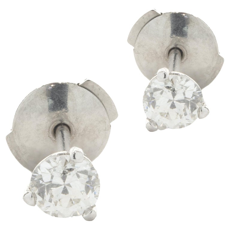14 Karat White Gold Round European Cut Diamond Stud Earrings For Sale ...