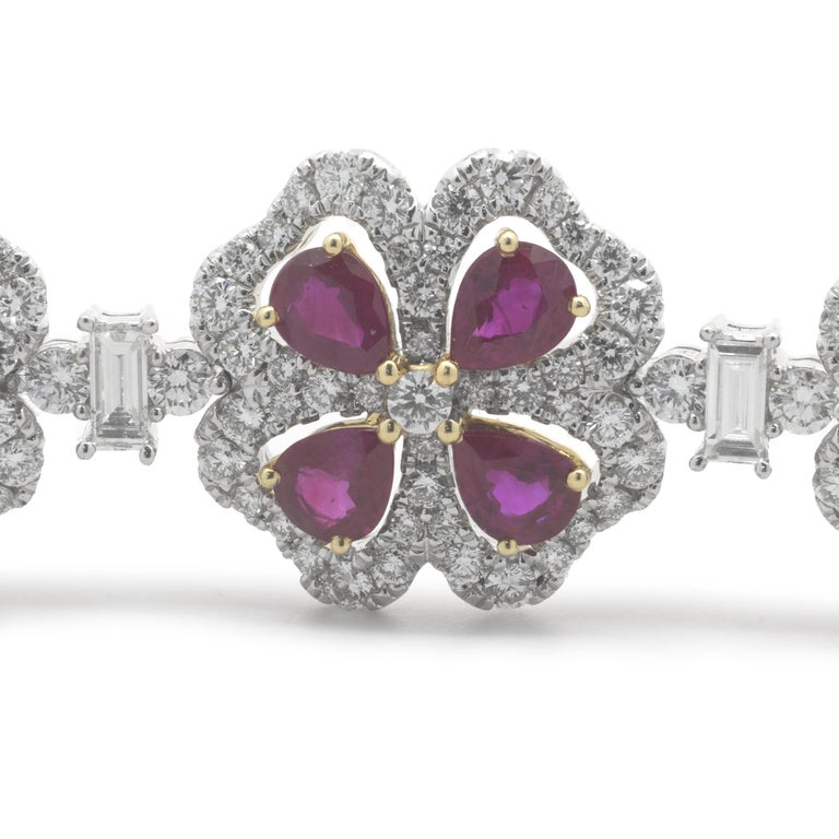14 Karat White Gold Ruby and Diamond Clover Bracelet at 1stDibs