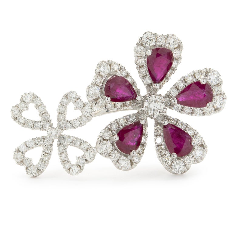 14 Karat White Gold Ruby and Diamond Double Flower Ring For Sale at 1stDibs