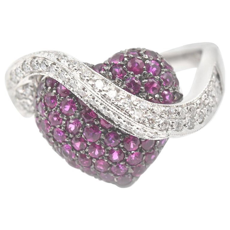 14 Karat White Gold Ruby and Diamond Heart Crossover Ring For Sale ...