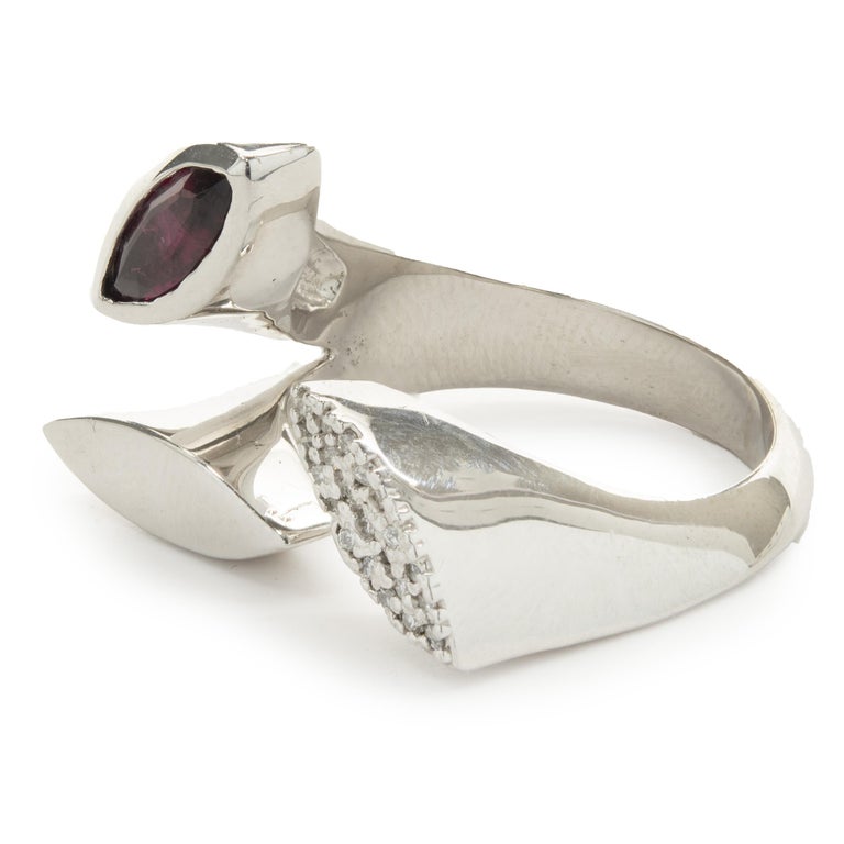 14 Karat White Gold Ruby, Diamond and Gold Marquise Shape Bypass Ring For Sale at 1stDibs
