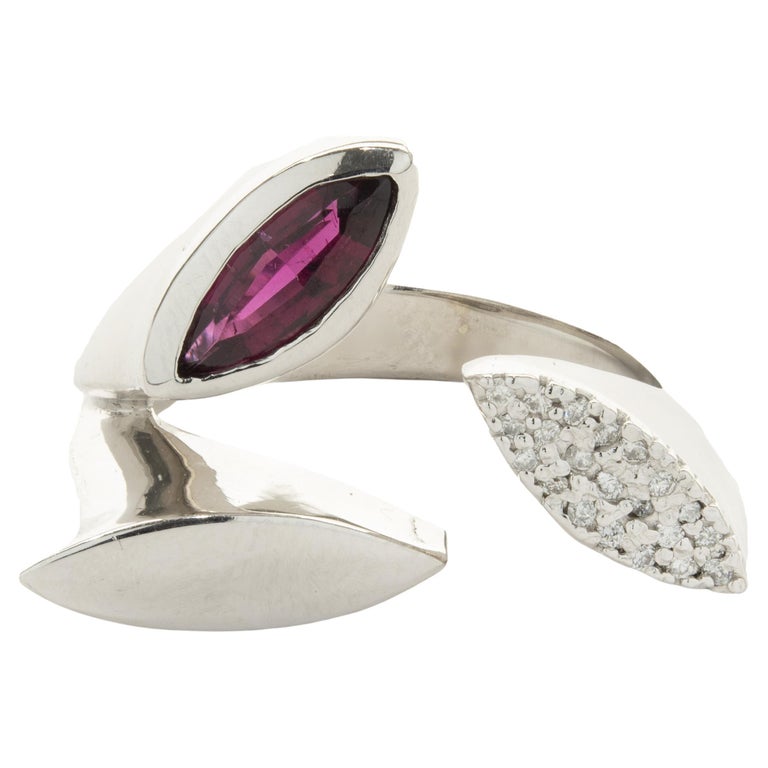 14 Karat White Gold Ruby, Diamond and Gold Marquise Shape Bypass Ring ...