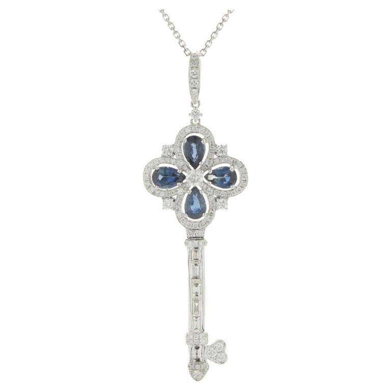 14 Karat White Gold Sapphire and Diamond Key Drop Necklace For Sale at ...