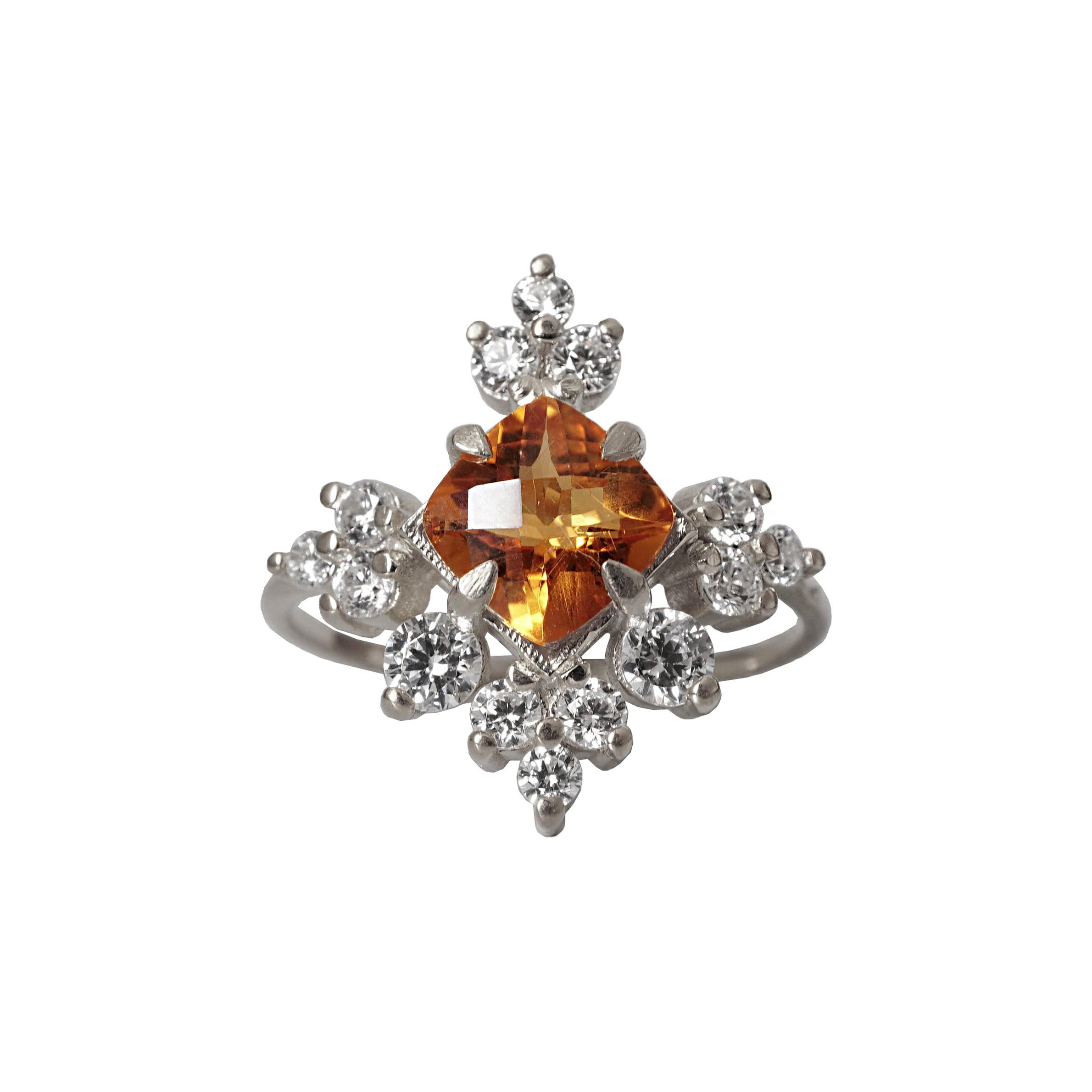 14 Karat White Gold Snowflake Citrine Diamond Ring For Sale at 1stDibs
