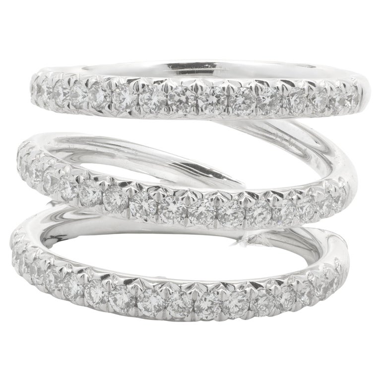 14 Karat White Gold Three Row Diamond Stack Ring For Sale at 1stDibs