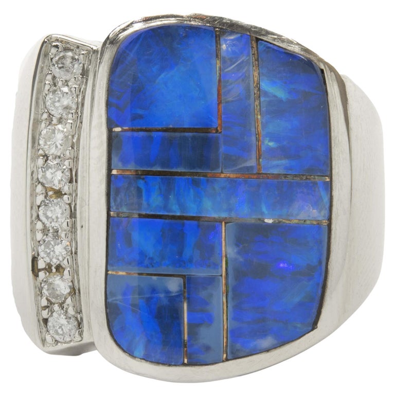 14 Karat White Gold Vintage Diamond and Opal Inlay Ring For Sale at 1stDibs