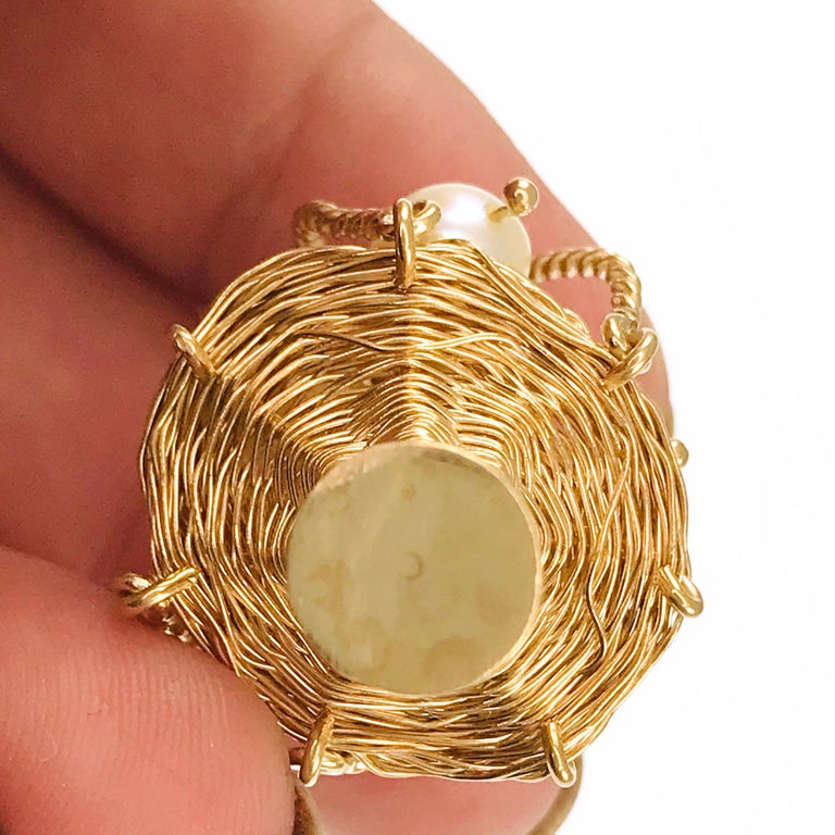 Yellow Gold Woven Wire Basket Cultured Pearls Pendant For Sale at 1stDibs