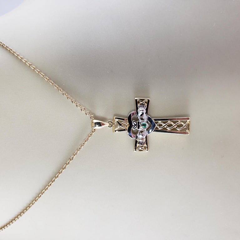 14 Karat Yellow and White Gold Claddagh Cross Pendant For Sale at 1stDibs