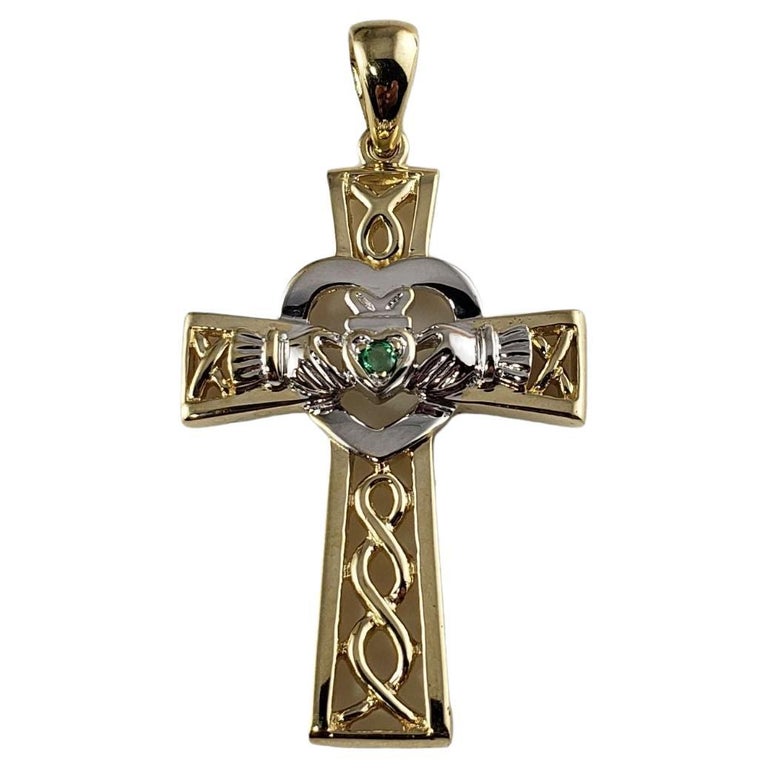 14 Karat Yellow and White Gold Claddagh Cross Pendant For Sale at 1stDibs