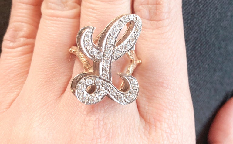 14 Karat Yellow and White Gold Initial Style 'L' Diamond Studded Ring ...