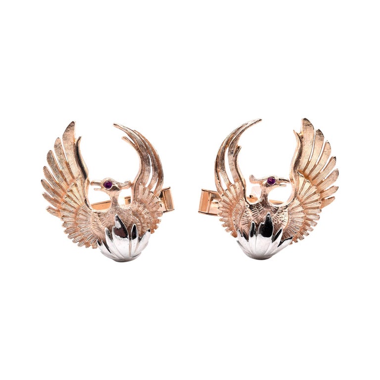14 Karat Yellow and White Gold Rising Phoenix Cufflinks with Ruby Eyes ...