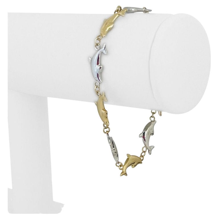 14 Karat Yellow and White Gold Two Tone Dolphin Link Bracelet For Sale ...