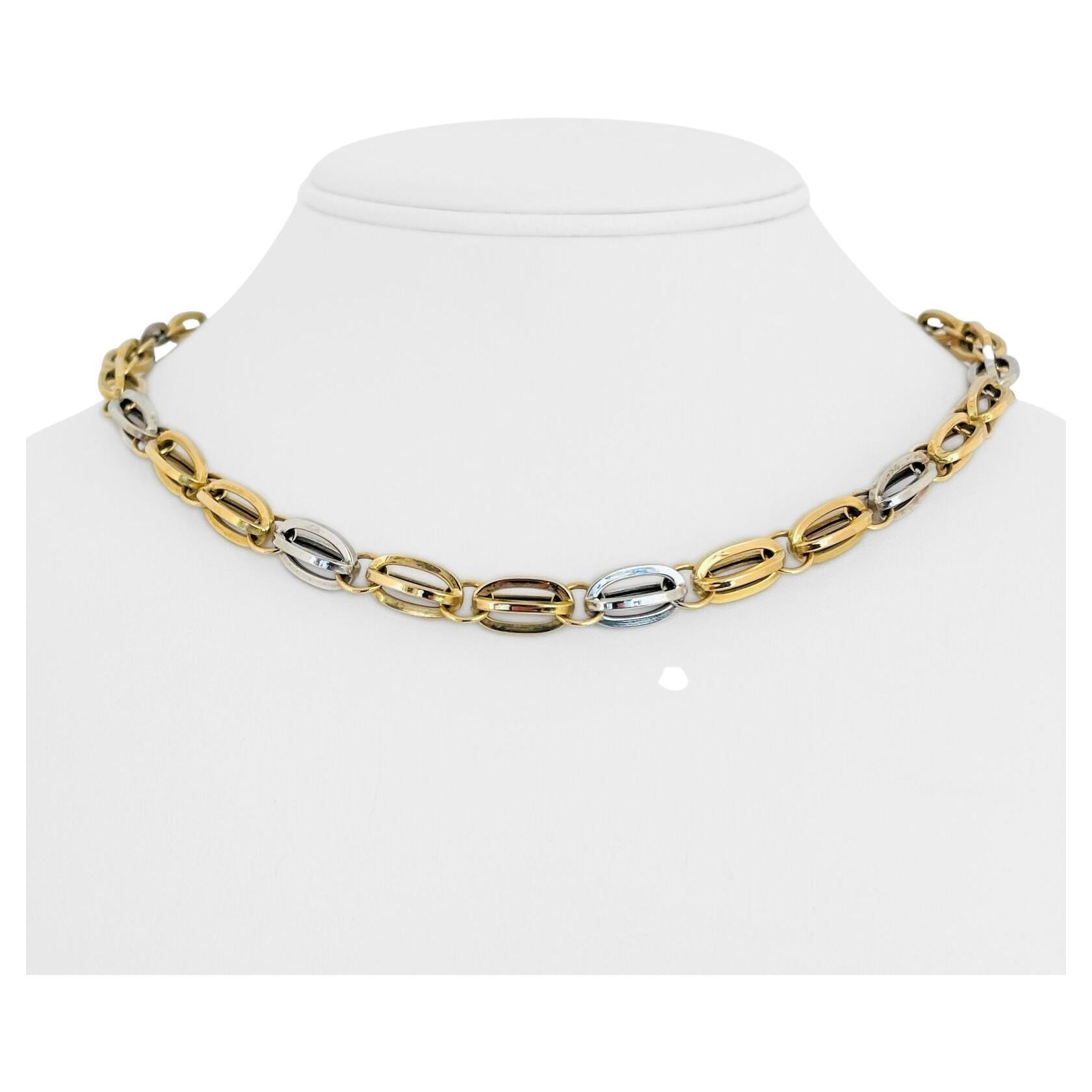 18 Karat Yellow and White Gold Solid Two Tone Fancy Cable Link Necklace ...