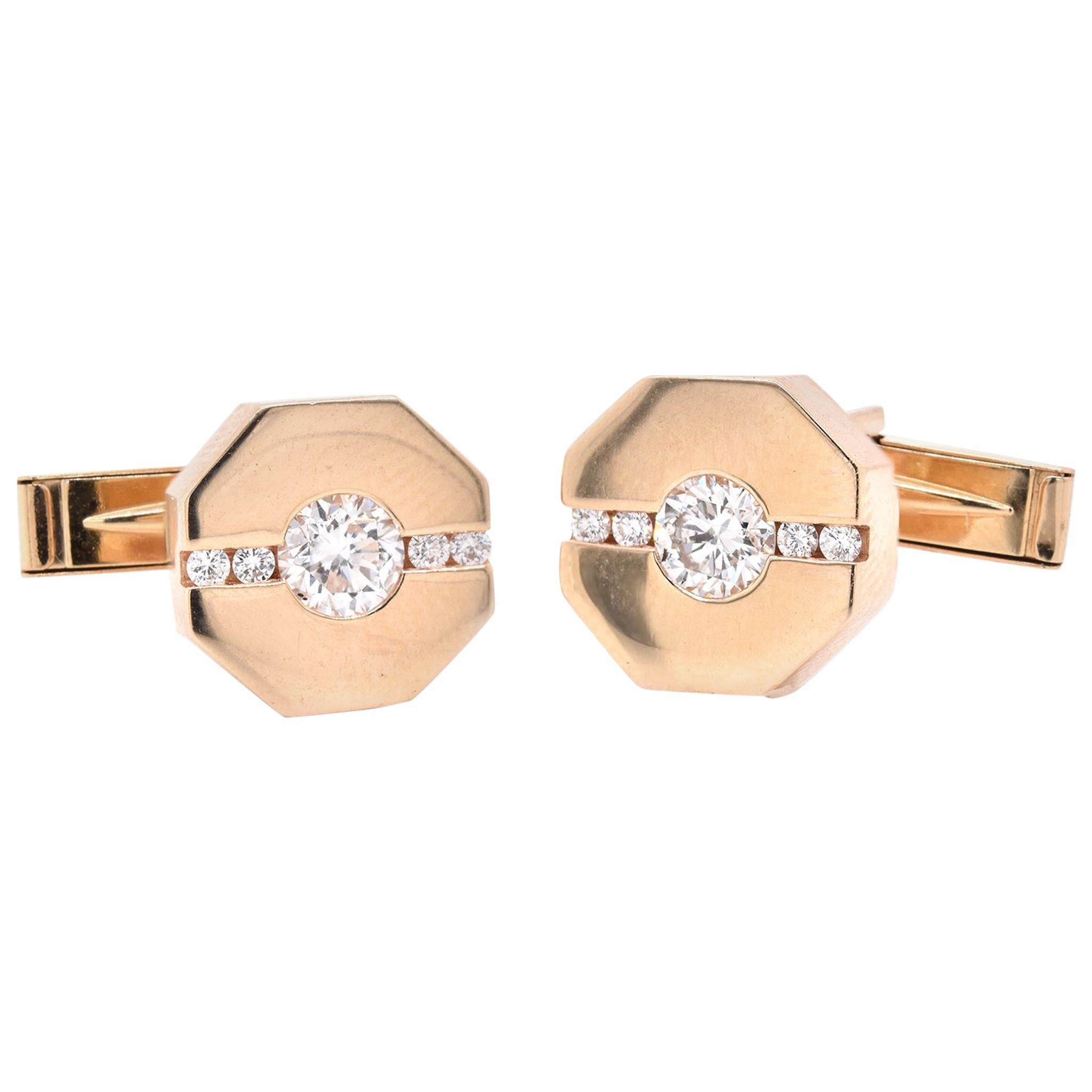 White Diamond and Gold Cufflinks in 14 Karat Yellow Gold For Sale at ...