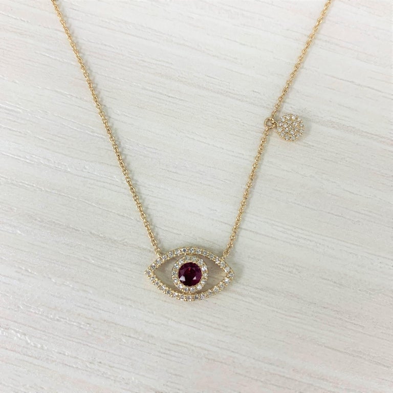 14 Karat Yellow Gold 0.18 Carat Diamond and Ruby Evil Eye Necklace For ...