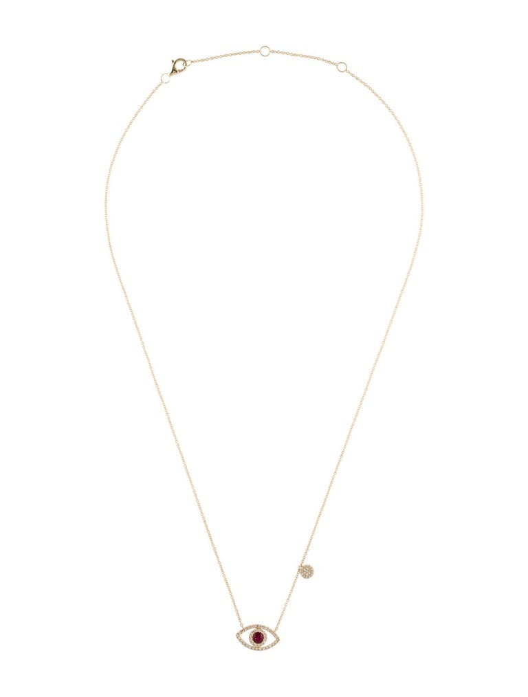 14 Karat Yellow Gold 0.18 Carat Diamond and Ruby Evil Eye Necklace For ...
